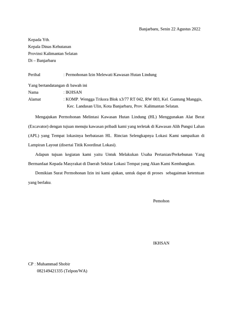 Surat Permohonan Ijin Melintasi Kawasan HL | PDF