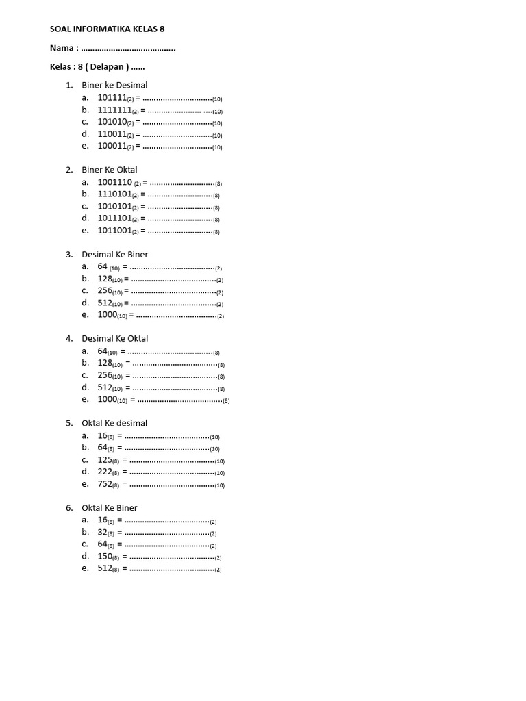 Soal Latihan Informatika Kelas 8 (Biner, Desimal, Oktal) | PDF