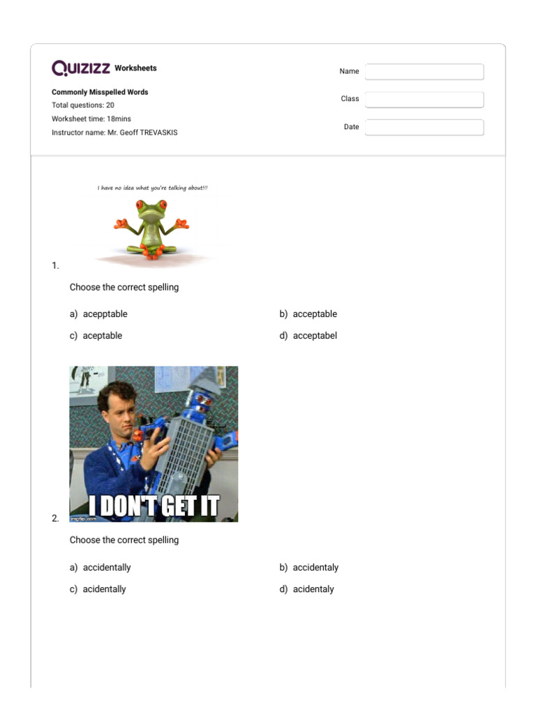 Commonly Misspelled Words - Quizizz | PDF