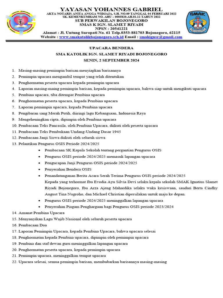 Susunan Acara Pelantikan Osis Smak 2024 2025 | PDF
