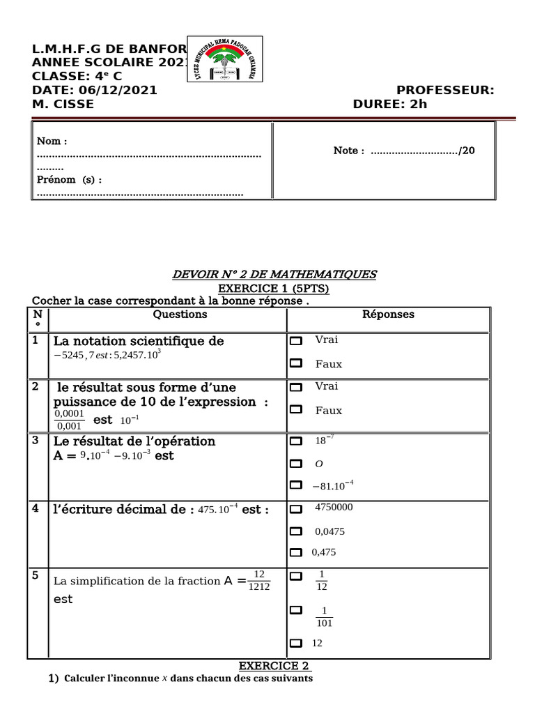 DEVOIR 2 MATHS 4ème LMHFG | PDF