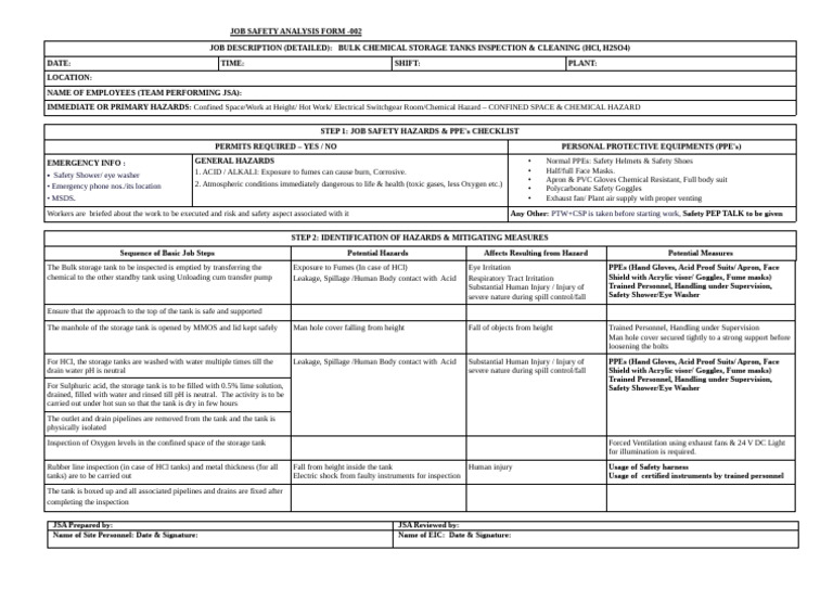 JSA-002 Bulk Chemical Storage Tanks Inspection & Cleaning | PDF