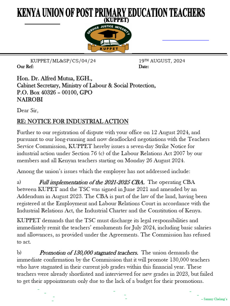 Dr. Alfred Mutua, CS Labour Strike Notice. | PDF