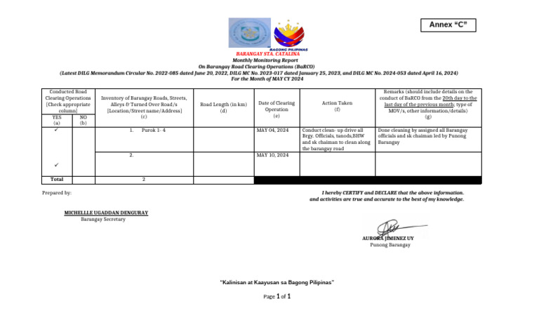 Annex C - Barangay BaRCO Monthly Monitoring Report Template With PB - S ...