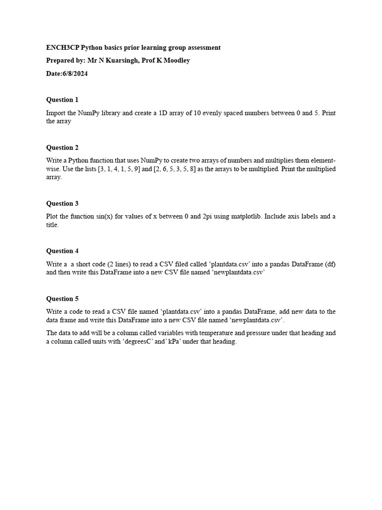 ENCH3CP Python basics prior learning assessment upload | PDF