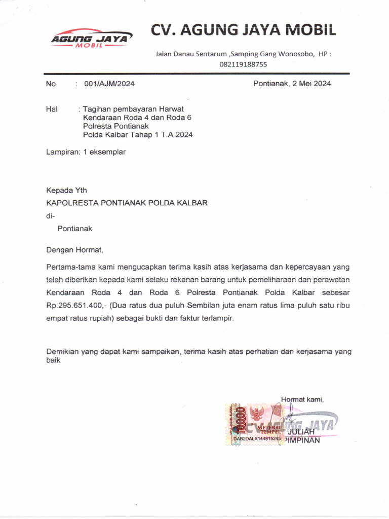 Tahap I Harwat Ran Roda 4610 Ta 2024 Surat Tagihan Pembayaran | PDF