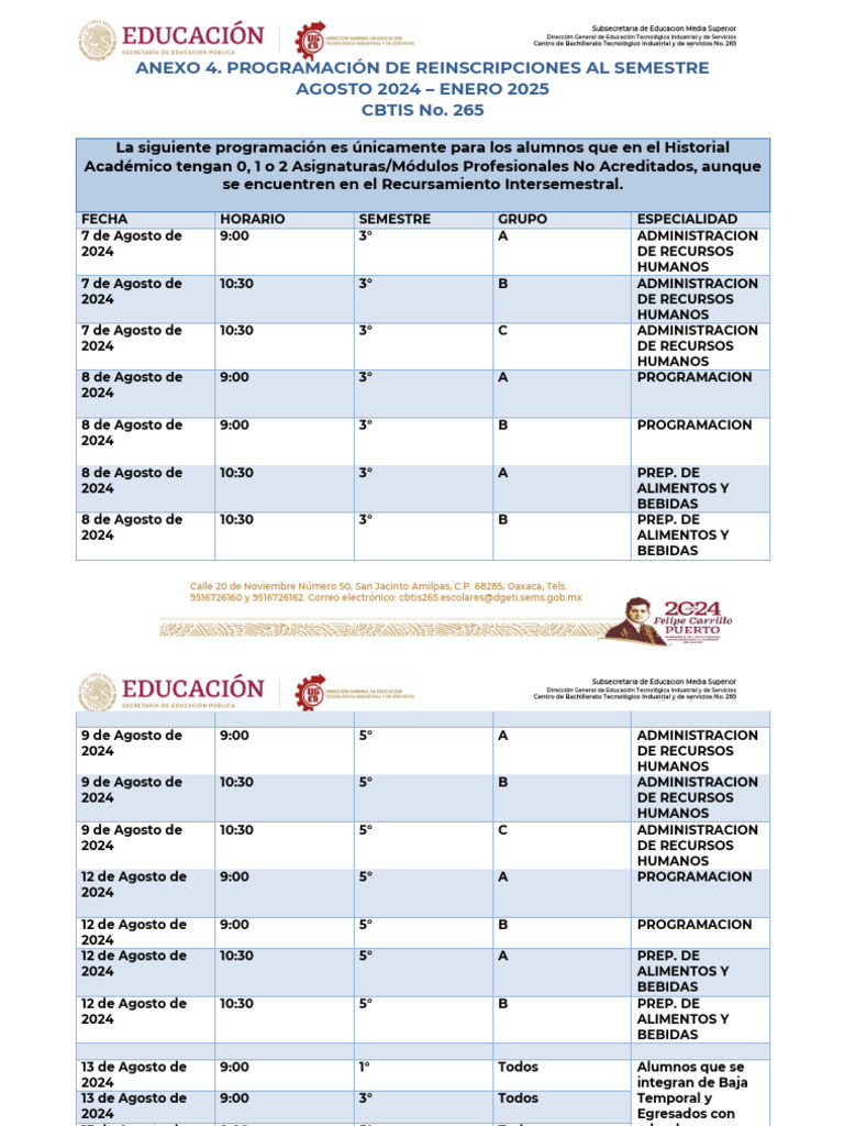Anexo 4. Programacion Reinscripciones | PDF