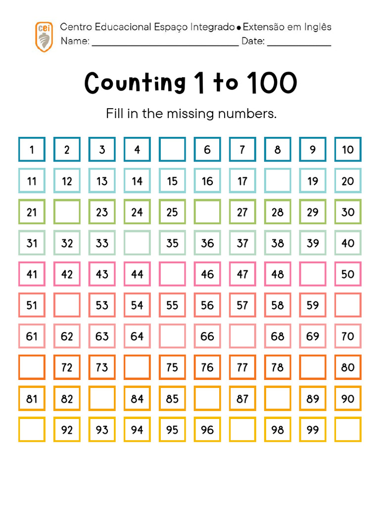 Counting To 100 Math Worksheet in Colorful Box Style | PDF