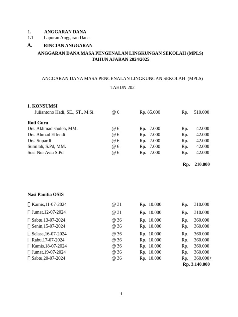 Anggaran Dana Real Konsumsi MPLS 2024-2025 | PDF