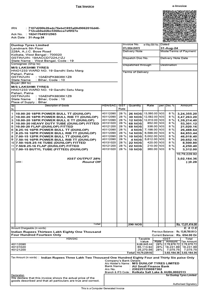 Invoice - 72 Laxmi Tyres | PDF