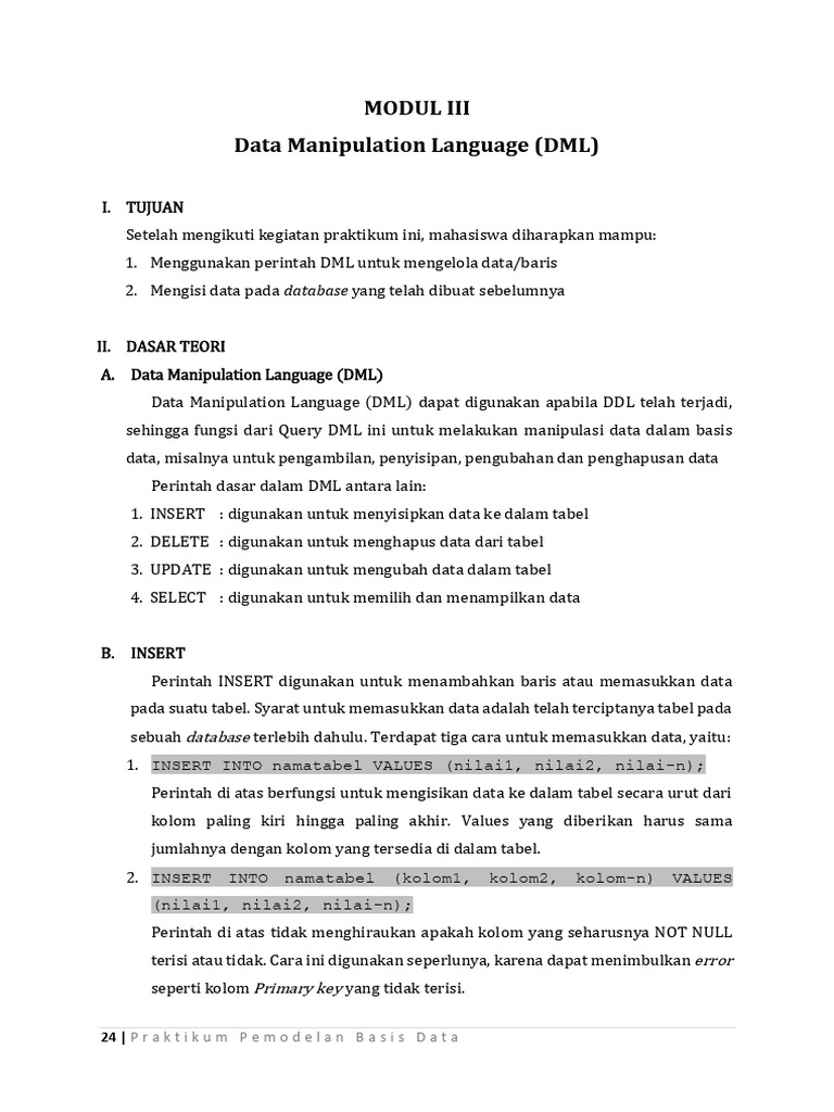 Modul 3 PBD - Data Manipulation Language (DML) | PDF