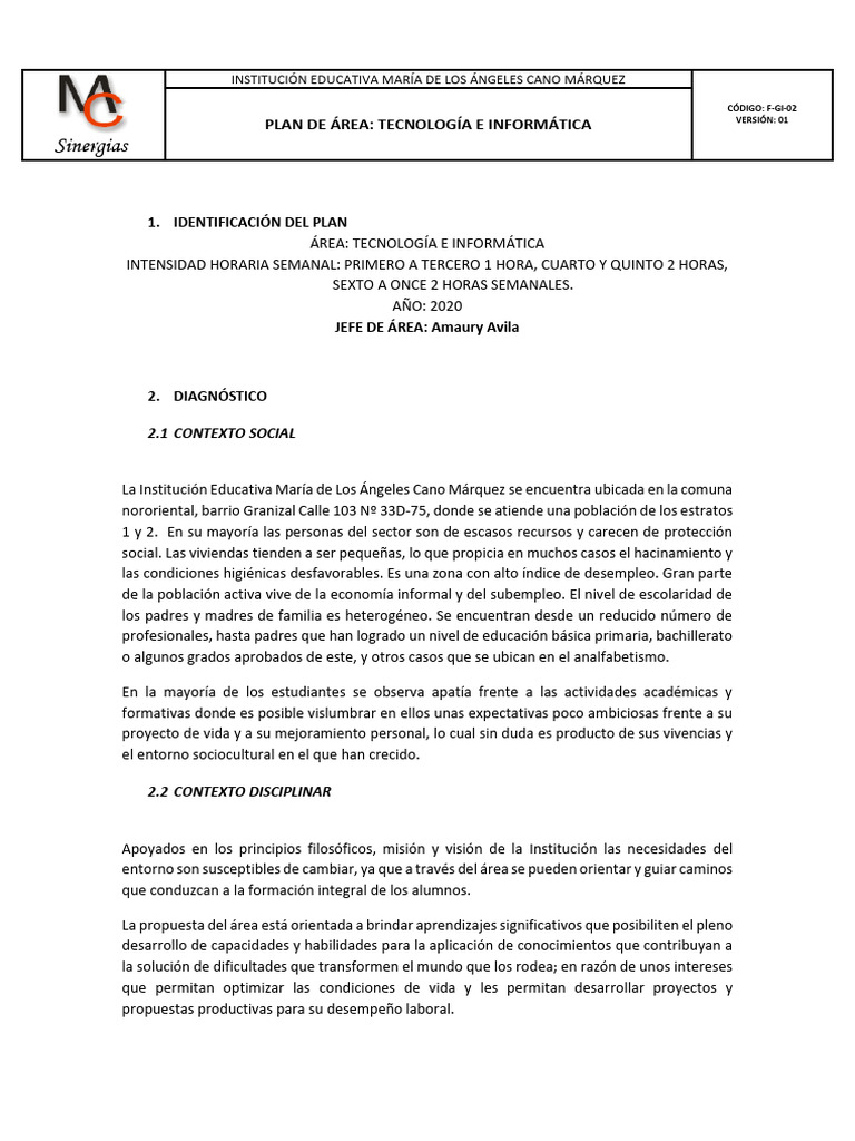 PLAN DE ÁREA DE TECNOLOGIA - Modificacion 2020-27-07-2 | PDF