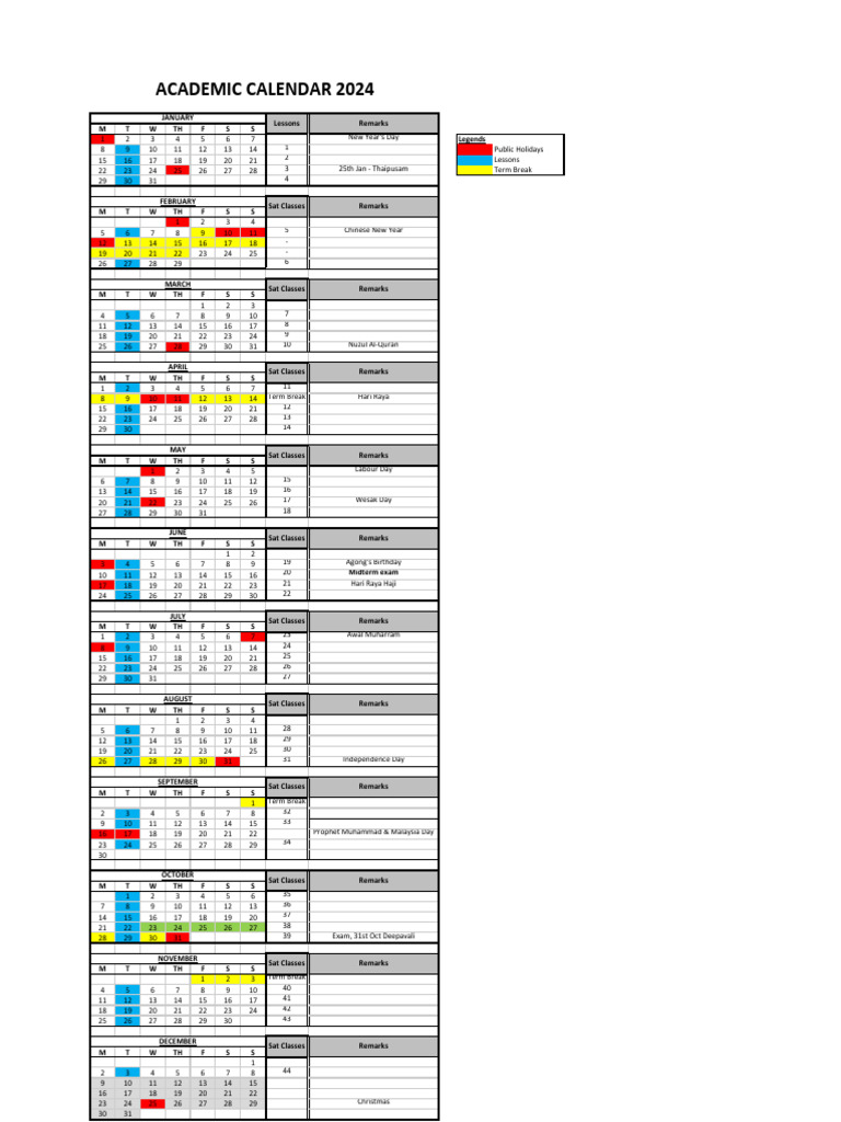 IGS English Bukit Jalil Academic Calendar 2024 For Tuesday Classes | PDF