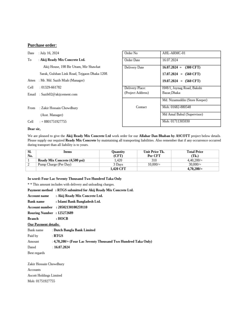Purchase Order Akij Ready Mix | PDF