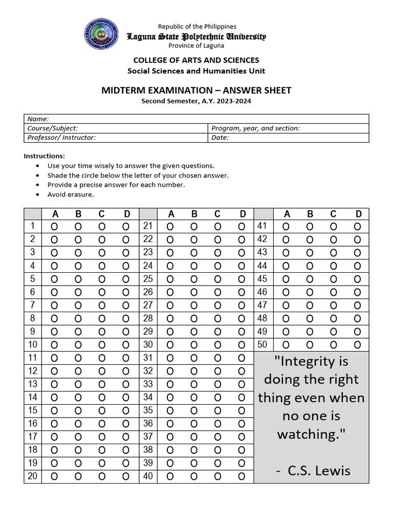 CAS SocSciHums AnswerSheet SecondSem2023-2024 | PDF