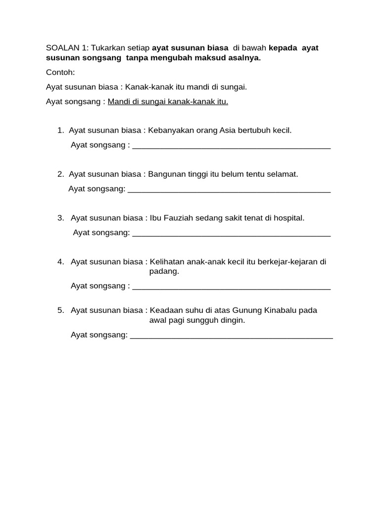 Soalan Bah Ayat Susunan Biasa Ayat Susunan Songsang | PDF | Foreign ...