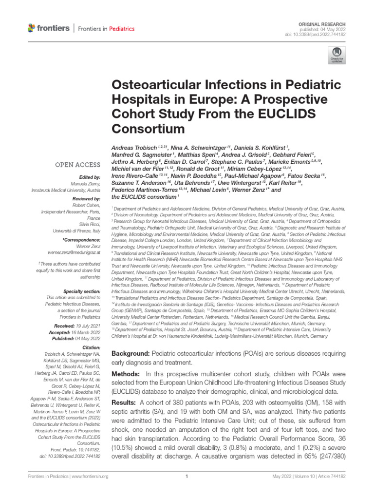 Osteoarticular Infections in Pediatric Hospitals in Europe Front ...