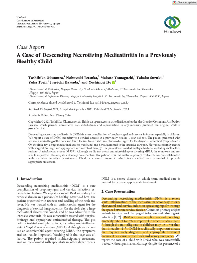 Case Reports in Pediatrics - 2021 - Okumura - A Case of Descending Necrotizing Mediastinitis in ...