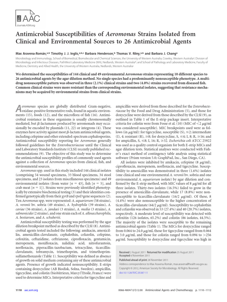 Antimicrobial Susceptibilities of Aeromonas Strains Isolated From Clinical and Environmental ...
