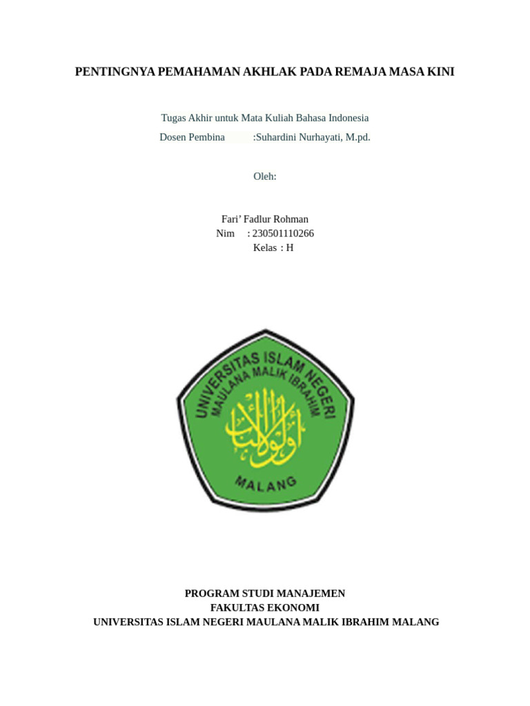 Pentingnya Pemahaman Akhlak Pada Remaja Masa Kini - Fari' Fadlur Rohman ...