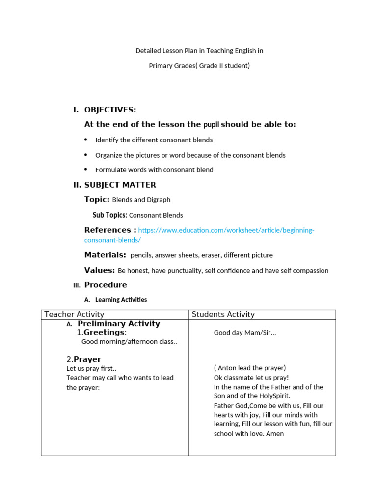 Consonant Blends Lesson Plan for Grade 2 | PDF | Alphabet | Lesson Plan