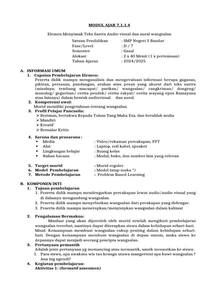 Modul Ajar 7.1.1.4 Wangsalan Esthreeda | PDF