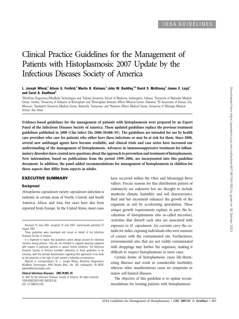 IDSA Histoplasmosis IDSA Guidelines 2015 | PDF