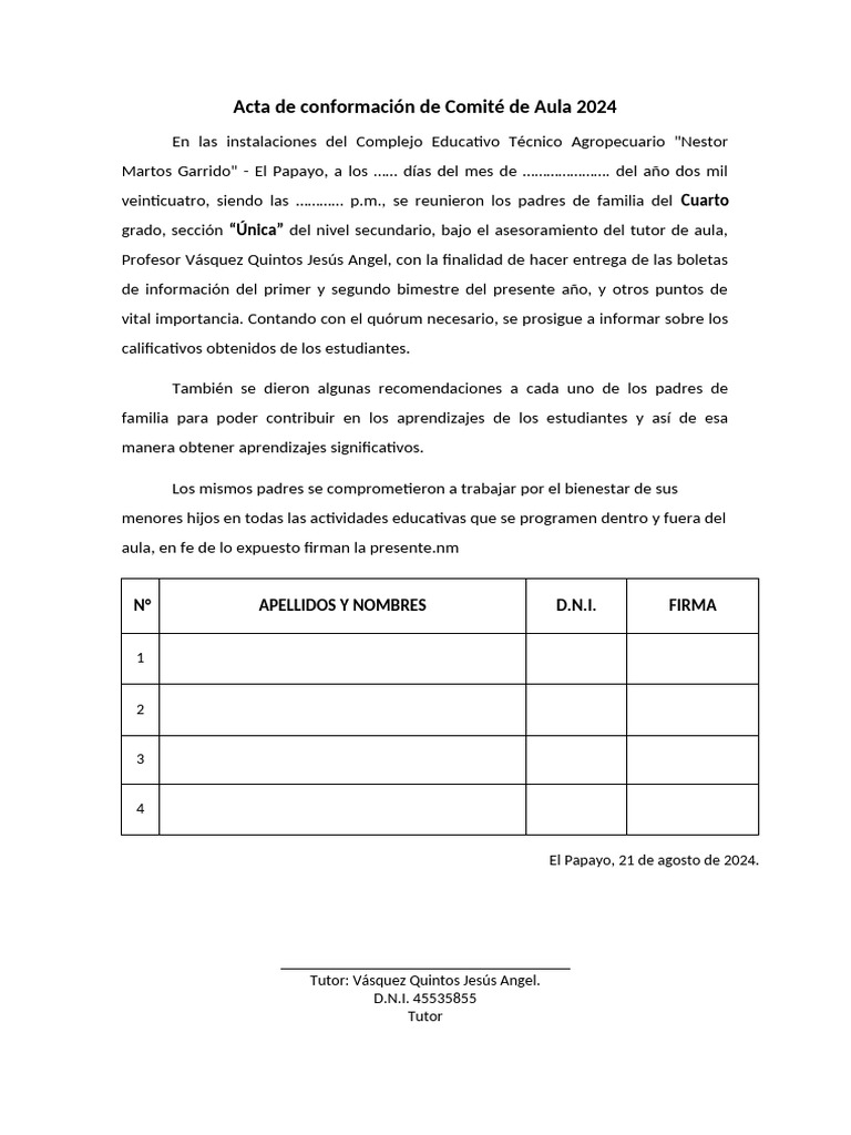 Acta de Conformación de Comité de Aula 2024 | PDF