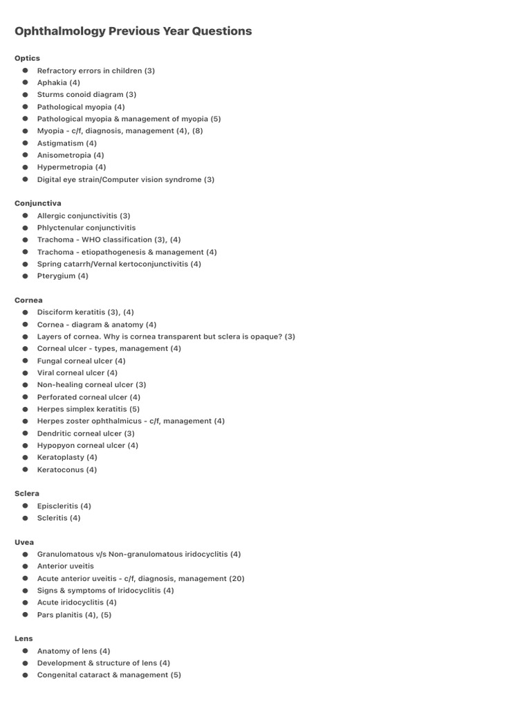 Ophthalmology Previous Year Questions | PDF