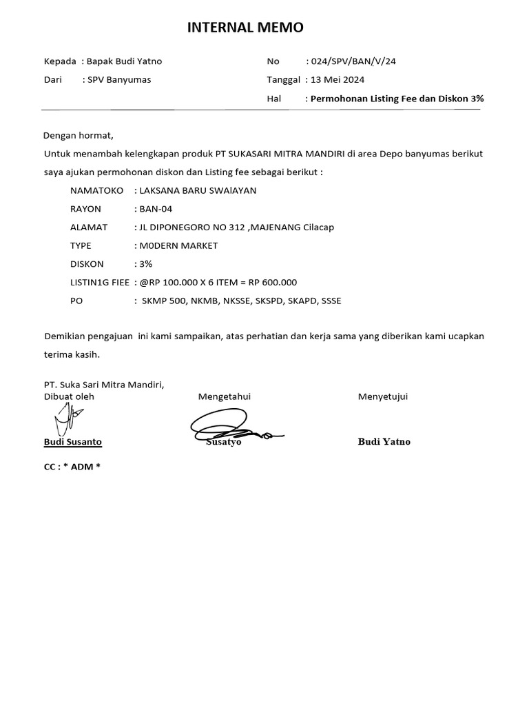 INTERNAL MEMO Listing Fee Laksana Baru 24 - Ditandatangani | PDF