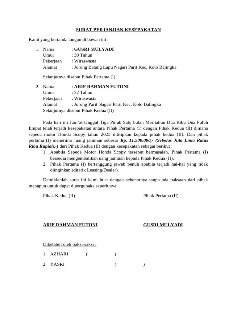 Surat Perjanjian Kesepakatan | PDF