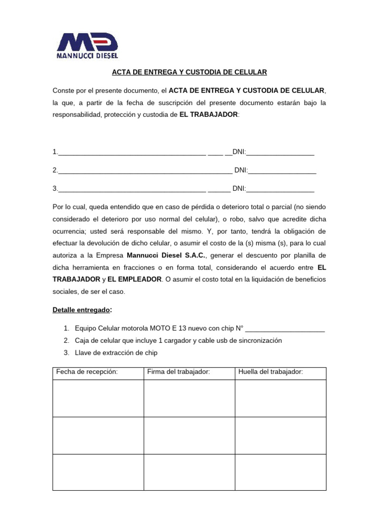 Acta de Entrega y Custodia de Celular | PDF