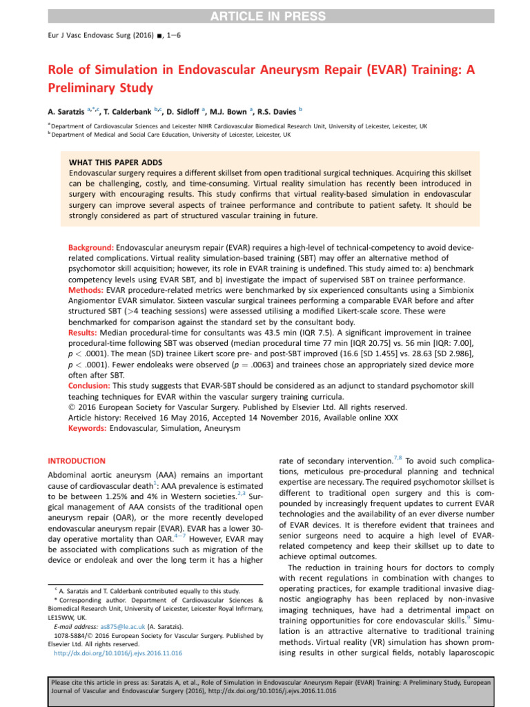 Role of Simulation in Endovascular Aneurysm Repair (EVAR) Training - A ...