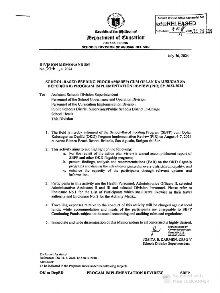 DM No 376 - SBFP | PDF