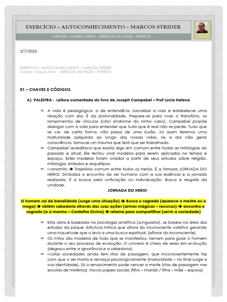 Mentoria - Palestra Da Prof Lúcia Helena - O Heroi de Mil Faces - P1 - EXercicio Aula 12 | PDF