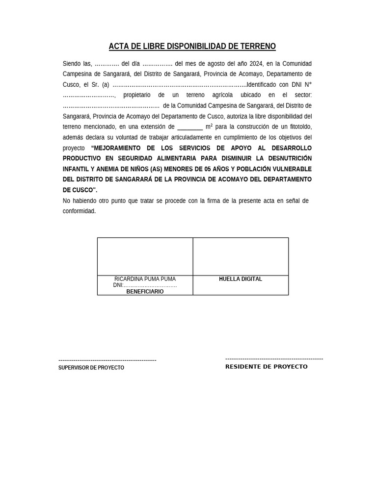 ACTA DE LIBRE DISPONIBILIDAD DE TERRENO Modelo | PDF | Negocios