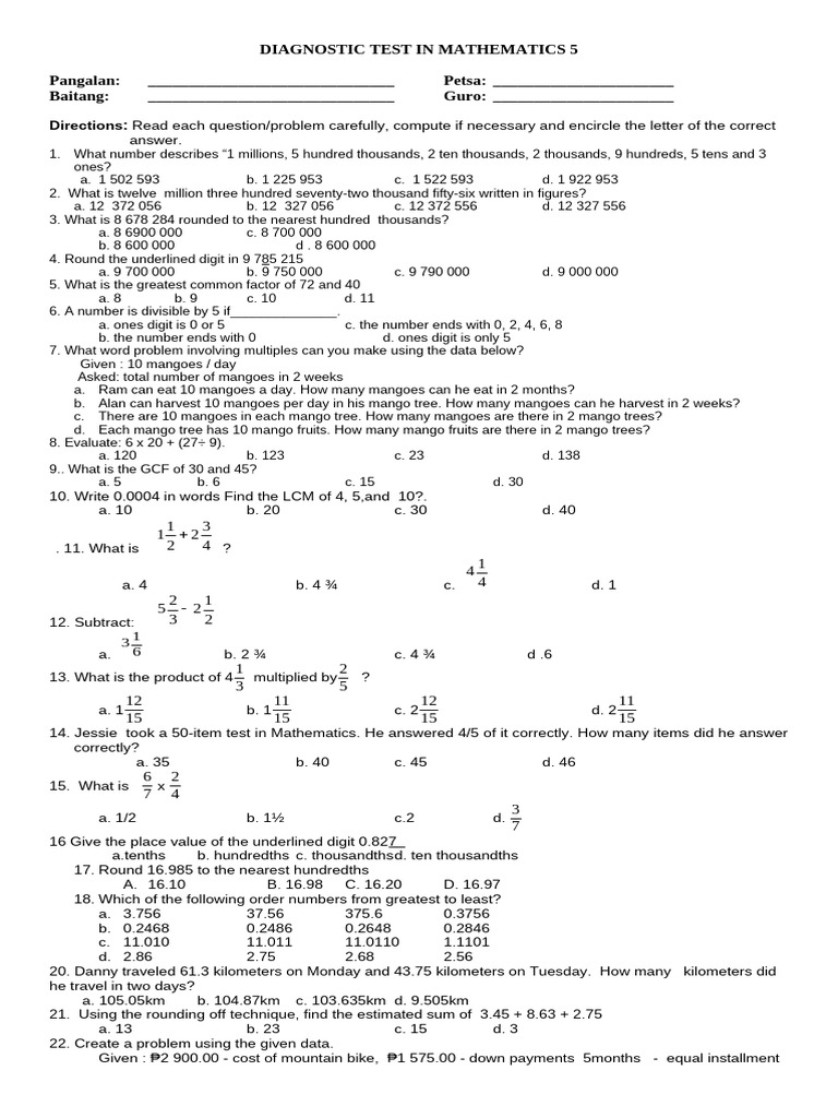 Pre-Test - Mathematics 5 | PDF