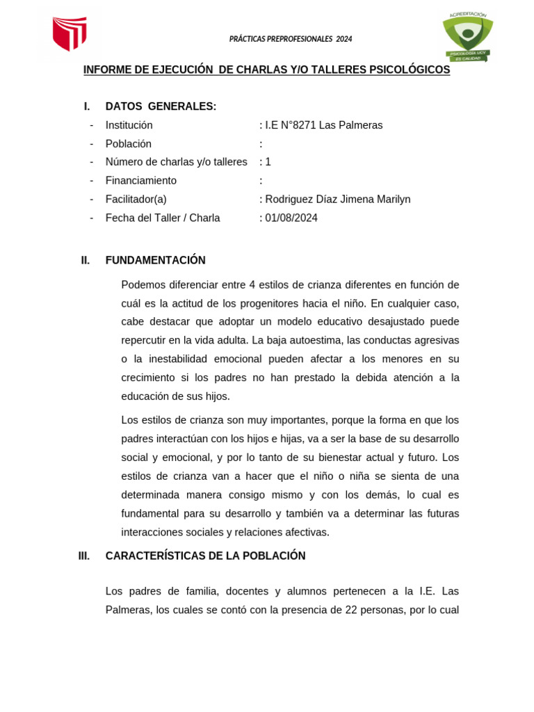 Informe de Ejecución - Charla-Talleres PPP3 | PDF