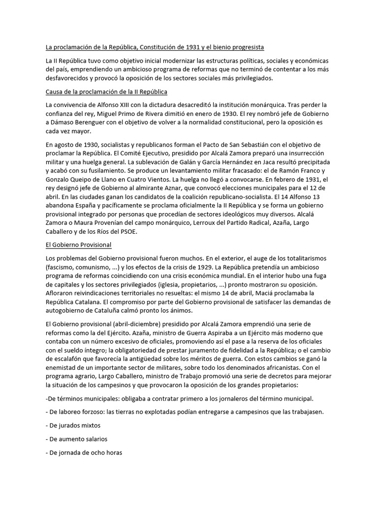 La Proclamación de La República, Constitución de 1931 y El Bienio ...