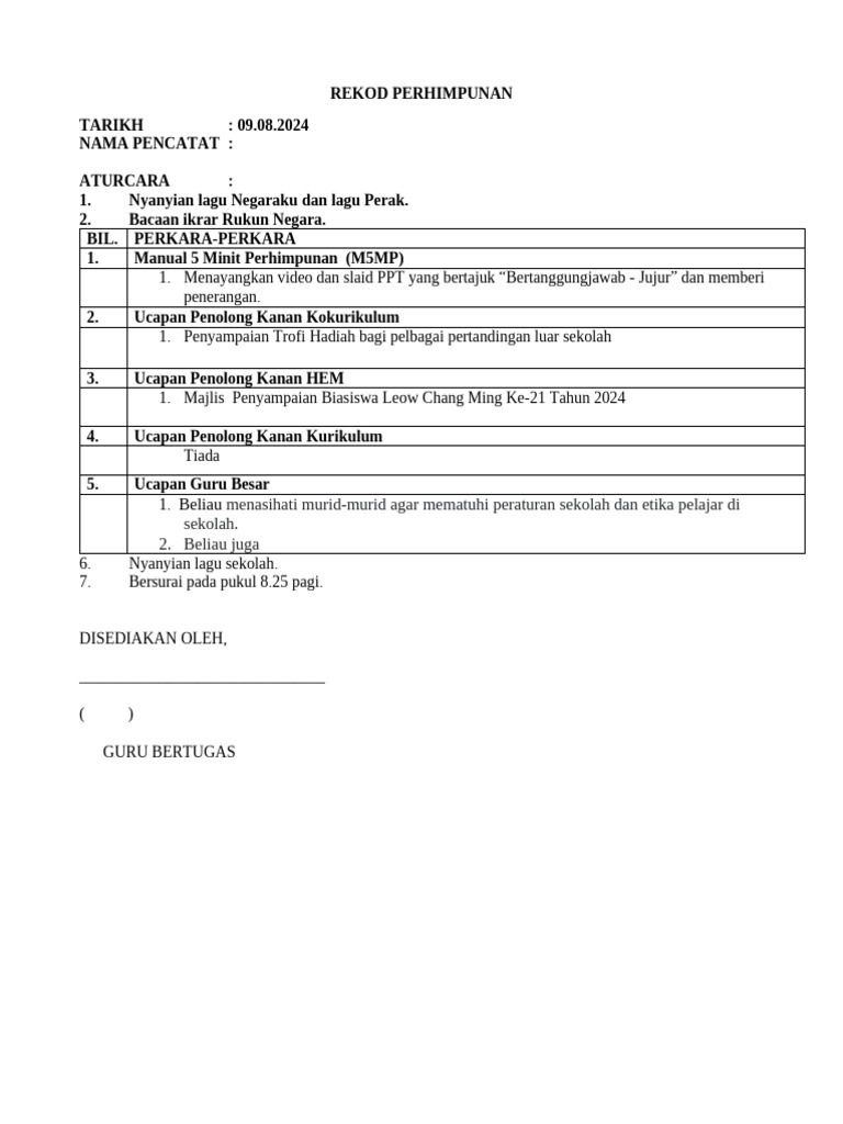 Contoh Rekod Perhimpunan | PDF