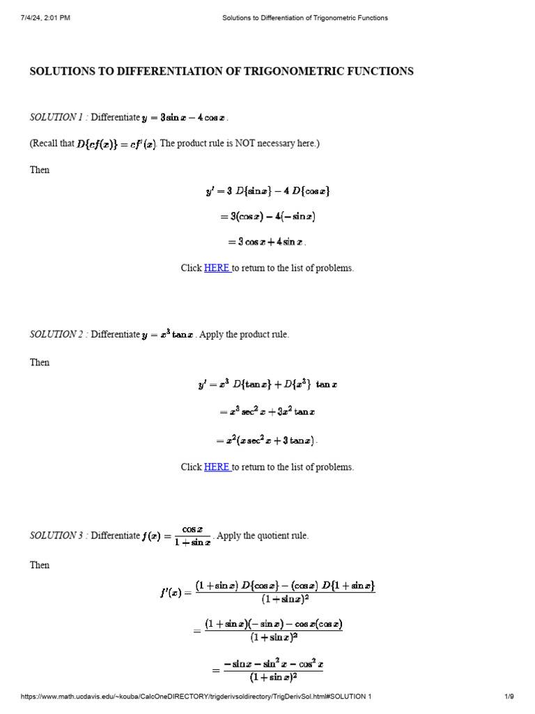Solutions To Differentiation of Trigonometric Functions | PDF ...