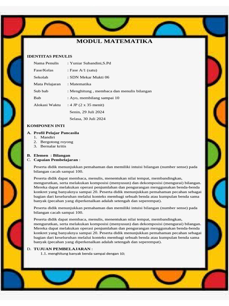 Modul Matematika Bilangan Tp 1 | PDF