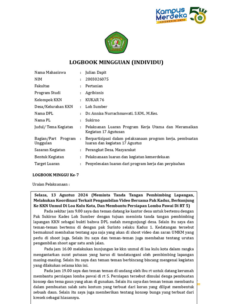 Logbook Individu Minggu 7 - Julian Dapit - KUKAR 76 | PDF