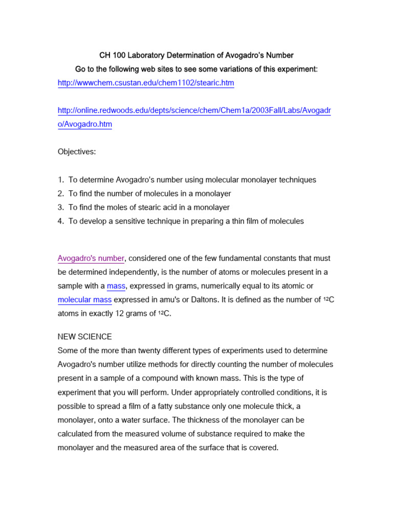 Determinationof Avogadro's Number | PDF | Mole (Unit) | Chemistry