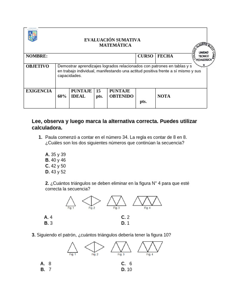 Prueba Patrones Secuencias 4° | PDF