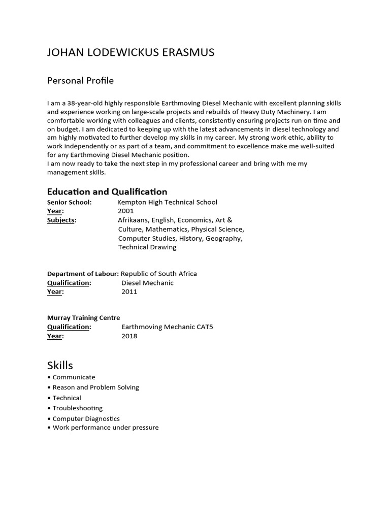 Johan Lodewickus Erasmus CV | PDF