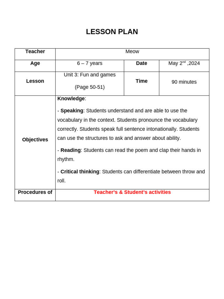 Lesson Plan-Fun and games-page 50 51 | PDF