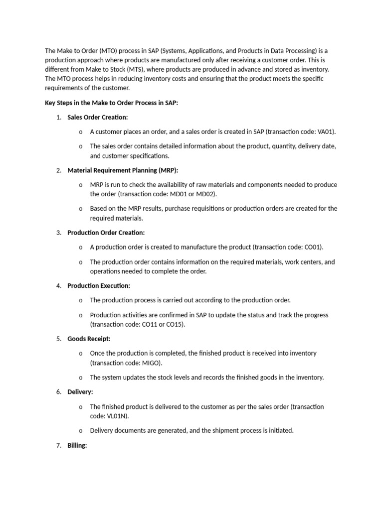 Make To Order (MTO) Process in SAP | PDF