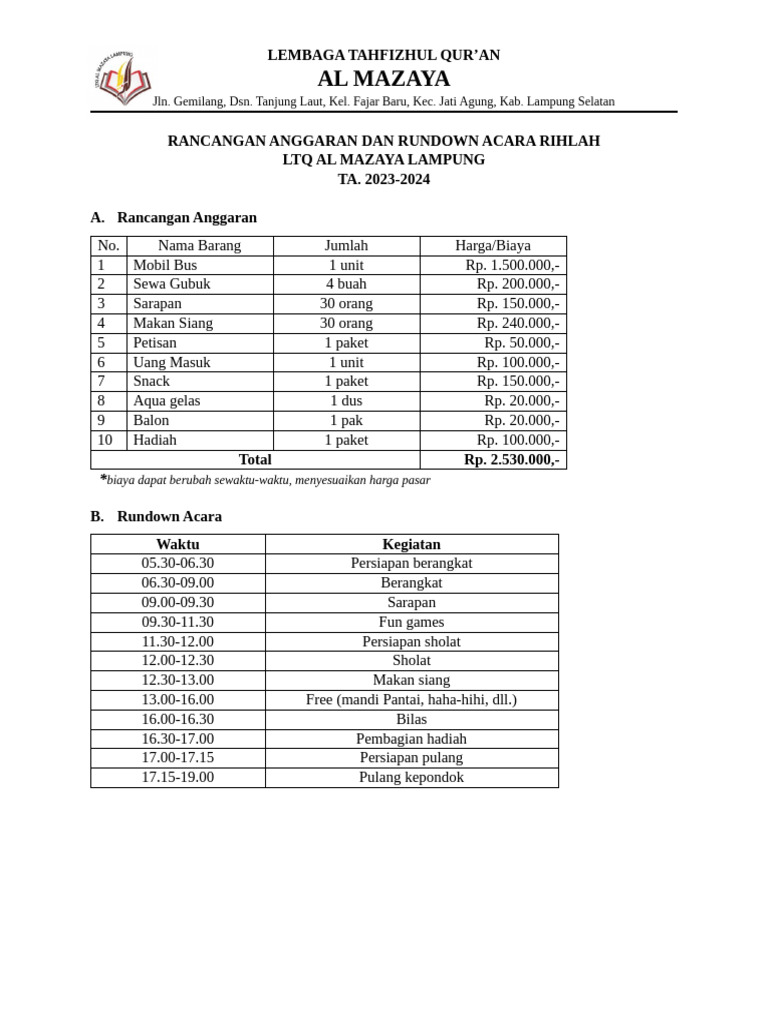 Rancangan Anggaran Dan Rundown Acara Rihlah | PDF
