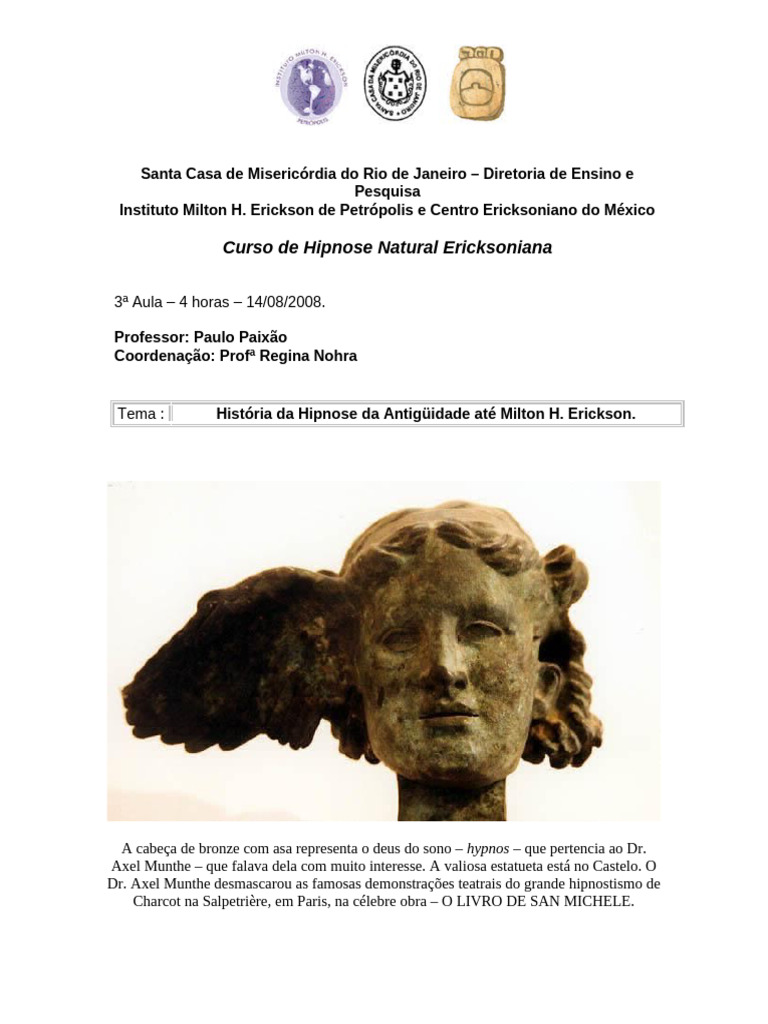 3 Aula - Paulo Paixão - História Da Hipnose Na Antigüidade Até Milton H. Erickson | PDF